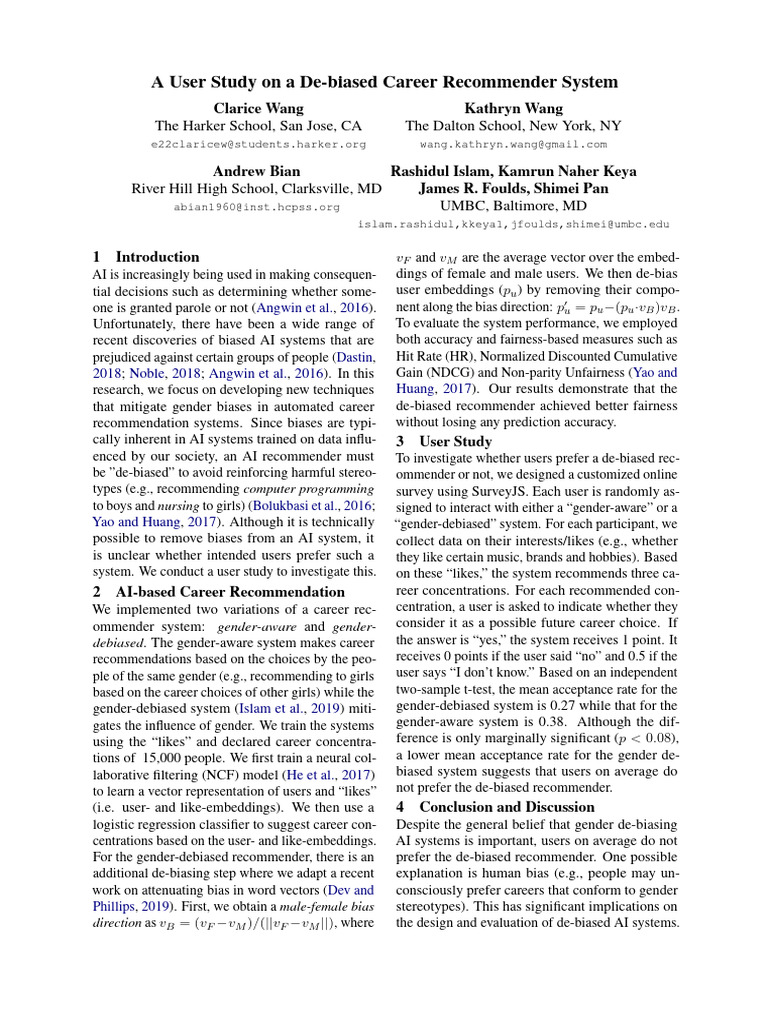 Wang (2020) - A User Study On A De-Biased Career Recommender System ...