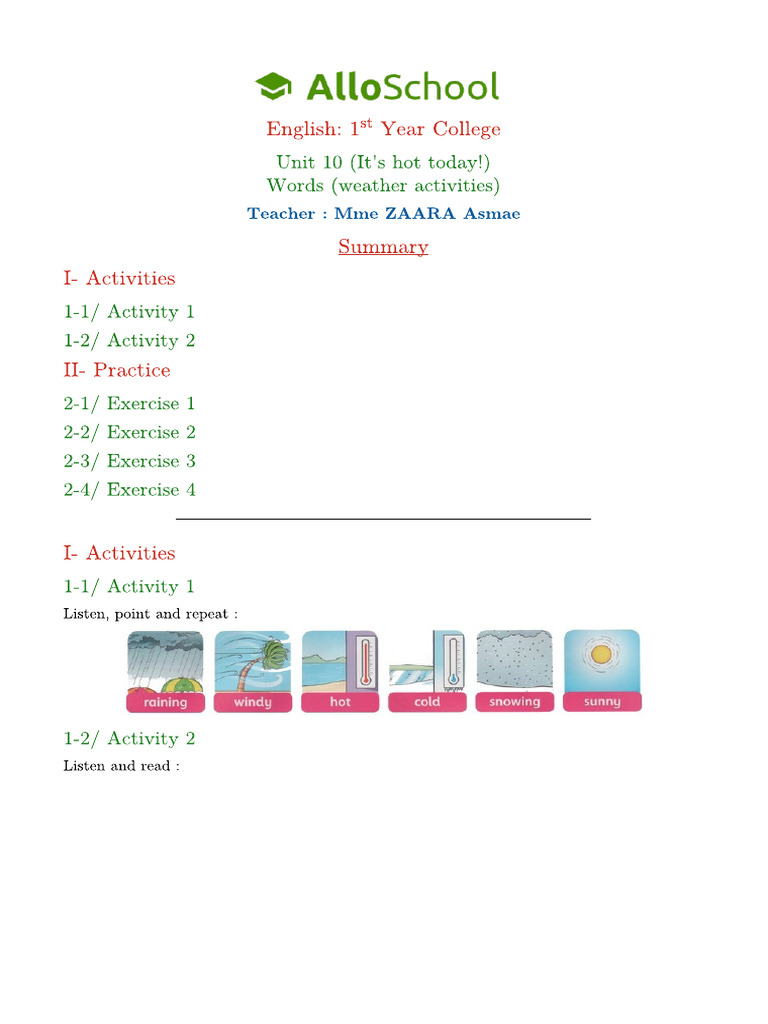 Unit 10 Words Weather Activities 2 | PDF