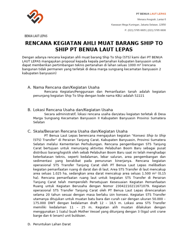 Rencana Kegiatan Ahli Muat Barang Ship To Ship PT Benua Laut Lepas | PDF