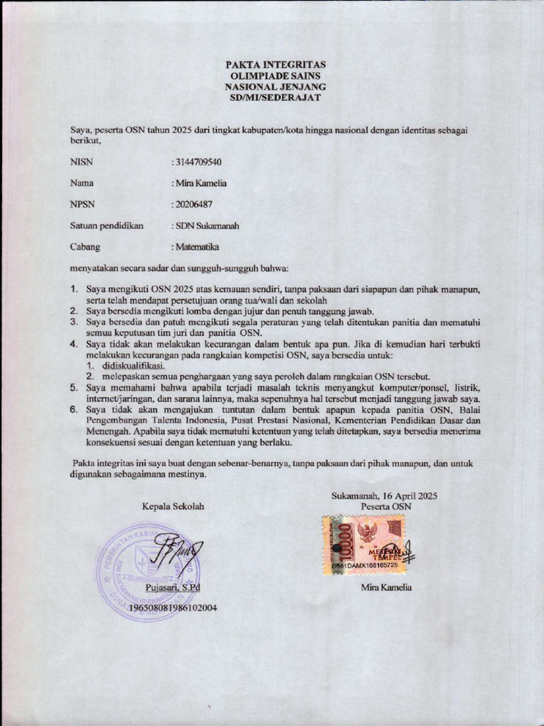 PAKTA INTEGRITAS OSN Mira Kamelia | PDF