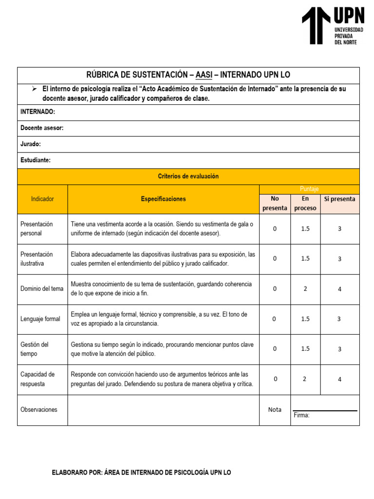 Rúbrica de Sustentación - Aasi Internado Lno 2024-2 | PDF | Cognición ...