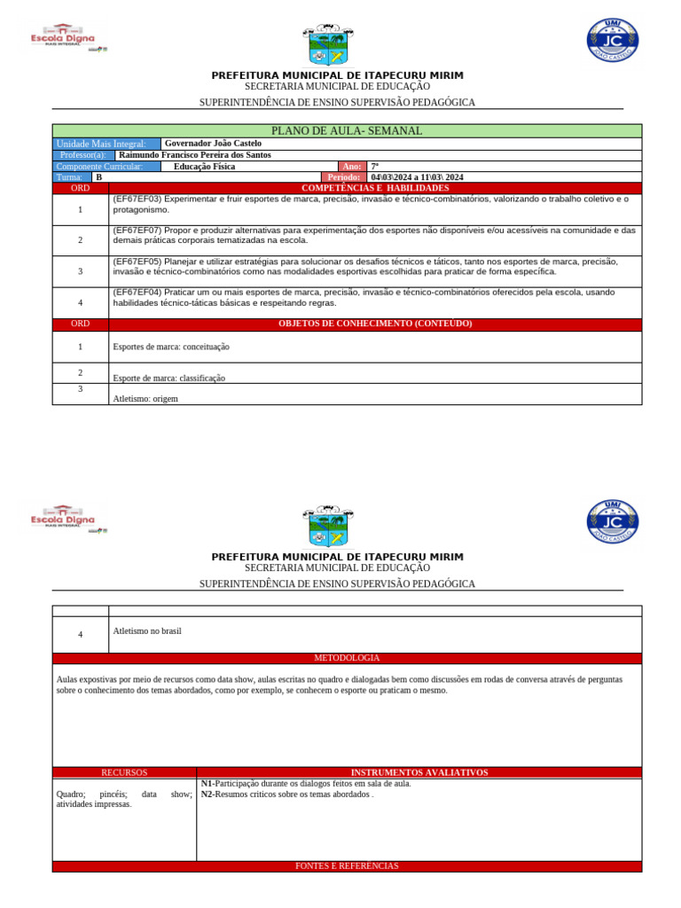 Instrumento Plano de Aulas Anos Iniciais e Finais | PDF | Pedagogia | Aprendizado