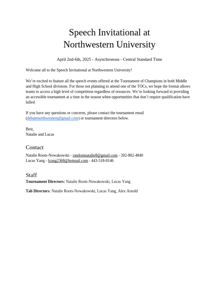Speech Invitational at Northwestern University: Contact | PDF