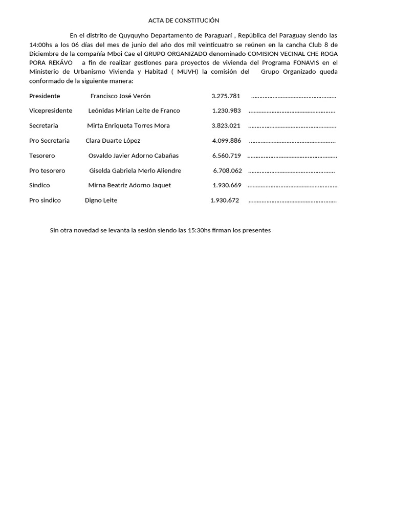 Acta de Constitución Mboi Cae | PDF