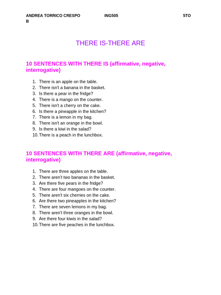 There Is/Are Sentence Examples | PDF