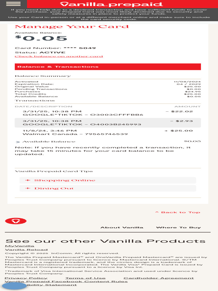 Manage Account Vanilla Prepaid OneVanilla | PDF | Debit Card | Visa Inc.