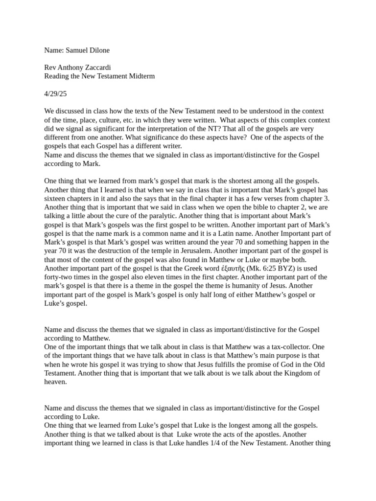 Exam Midterm 2025 Spring | PDF | Jesus | Gospels