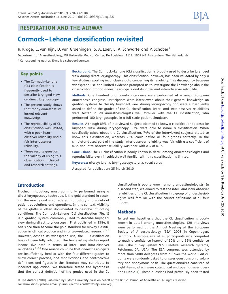 Cormack - Lehane Classification Revisited: Respiration and The Airway ...