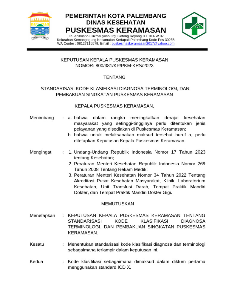 Agts SK Standarisasi Kode Klasifikasi Diagnosa Terminologi, Dan Pembakuan Singkatan Puskesmas ...