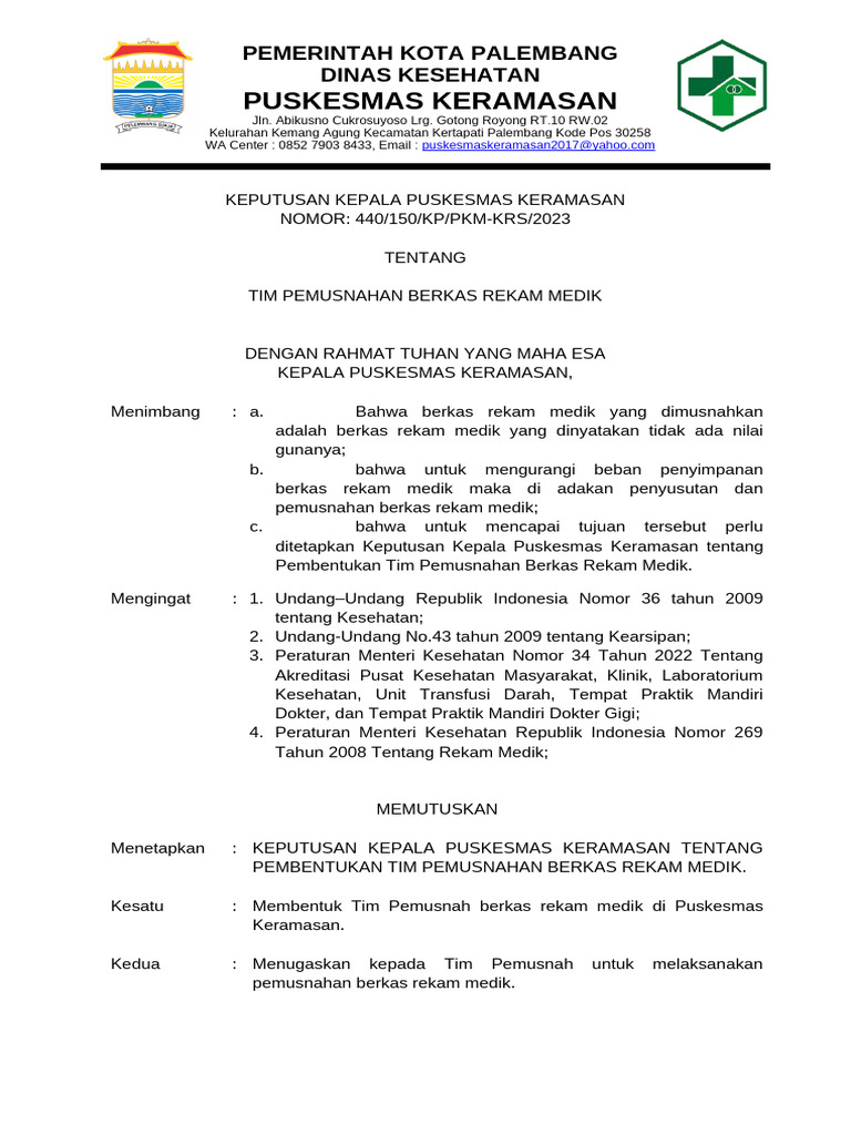 SK Pemusnahan Rekam Medik | PDF