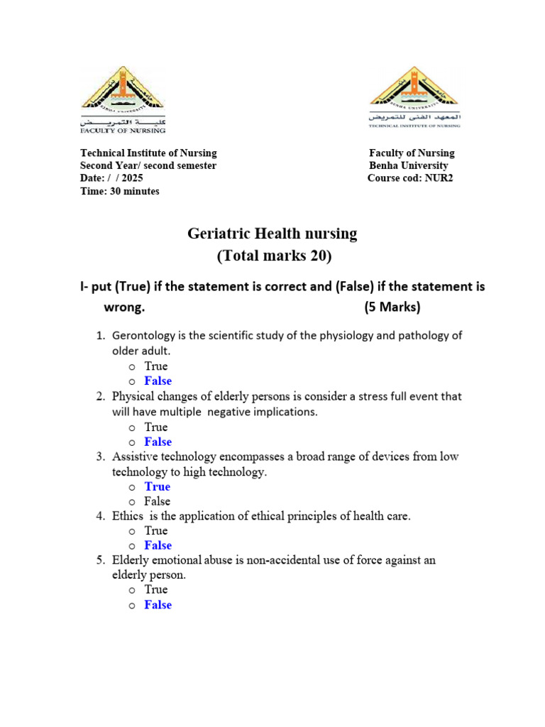 Geriatric Nursing Exam - Benha University | PDF | Old Age | Medicine
