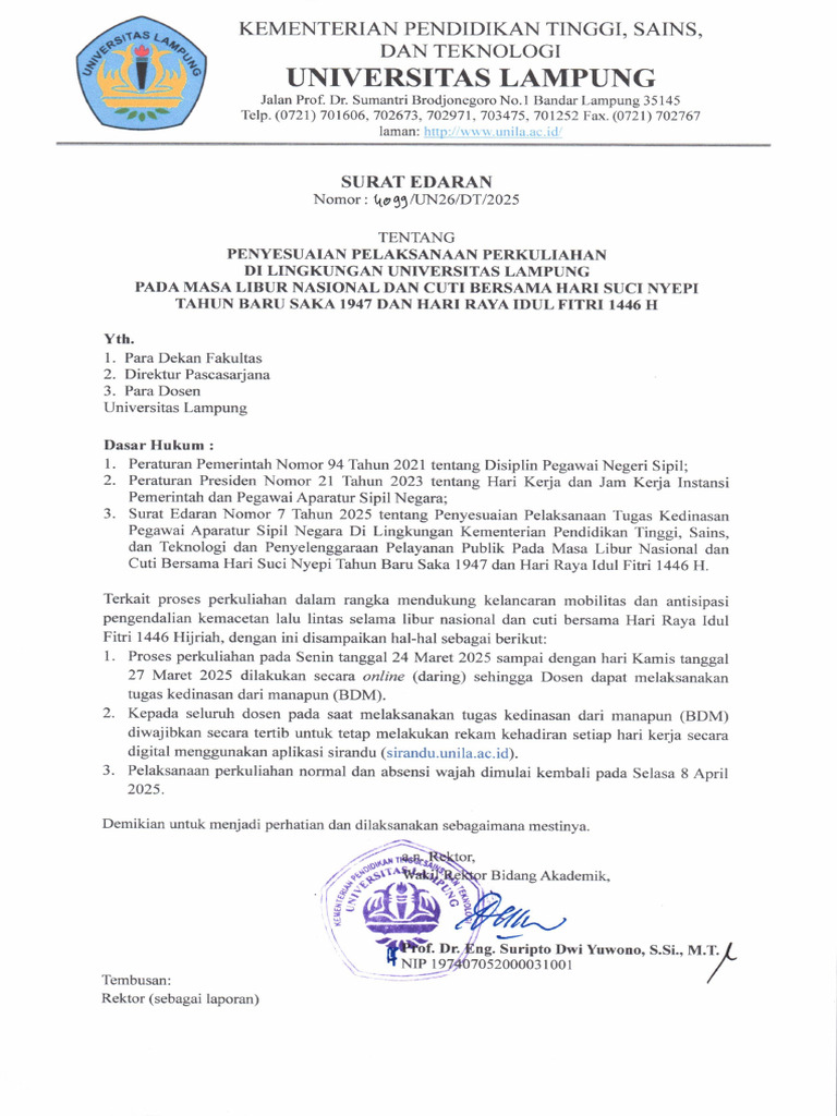 Surat Edaran Tentang Penyesuaian Pelaksanaan Perkuliahan Di Lingkungan Unila Pada Masa Libur ...