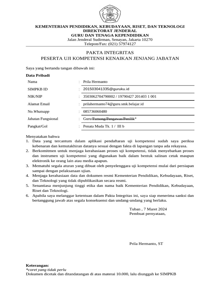 Pakta Integritas Peserta Uji Kompetensi Kenaikan Jenjang Jabatan 2024 | PDF