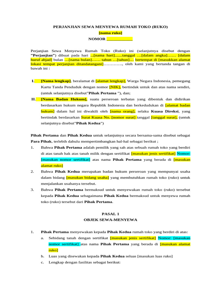 Perjanjian Sewa Menyewa Ruko | PDF