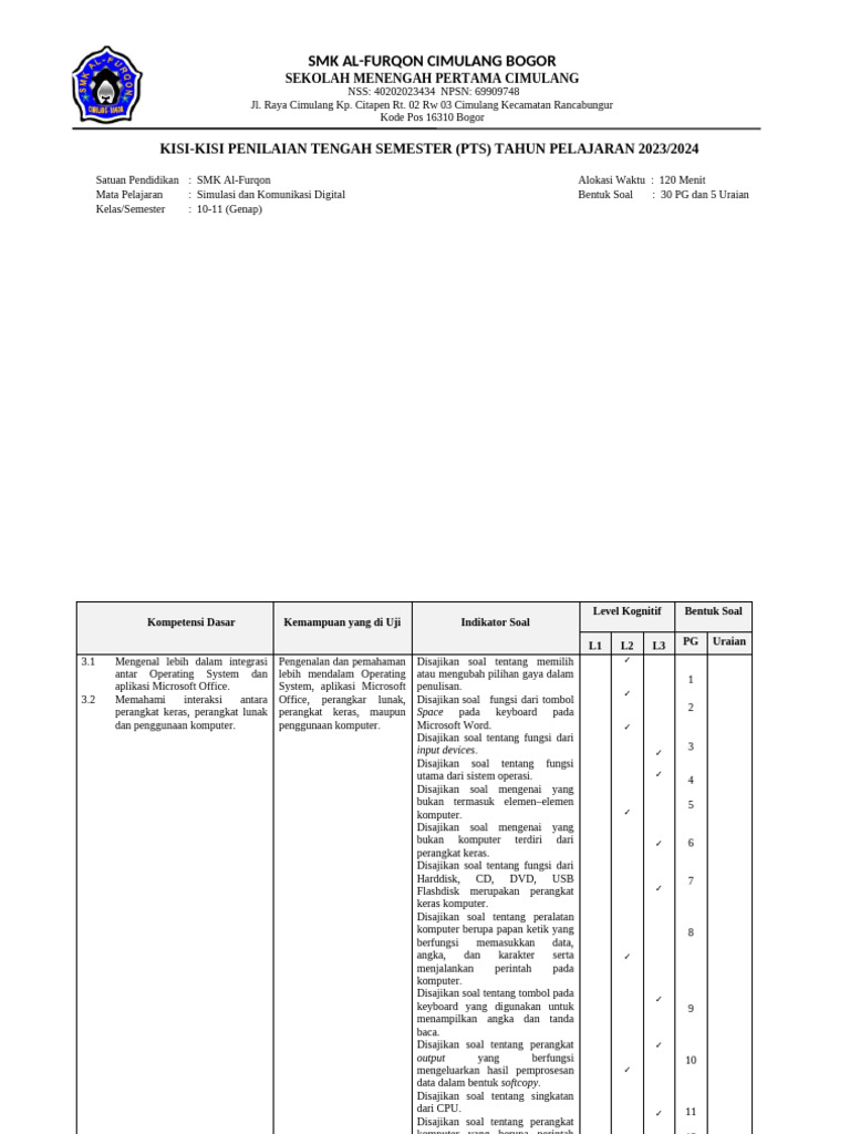 Kisi-kisi PTS Soal Kelas 10-11 Semester 2 (2023-2024) - Simulasi Dan Komunikasi Digital | PDF