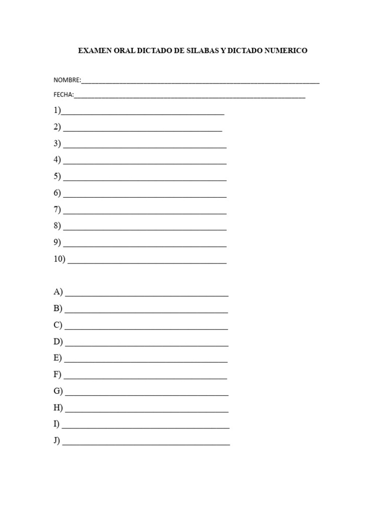 Examen Oral Dictado de Silabas y Dictado Numerico | PDF