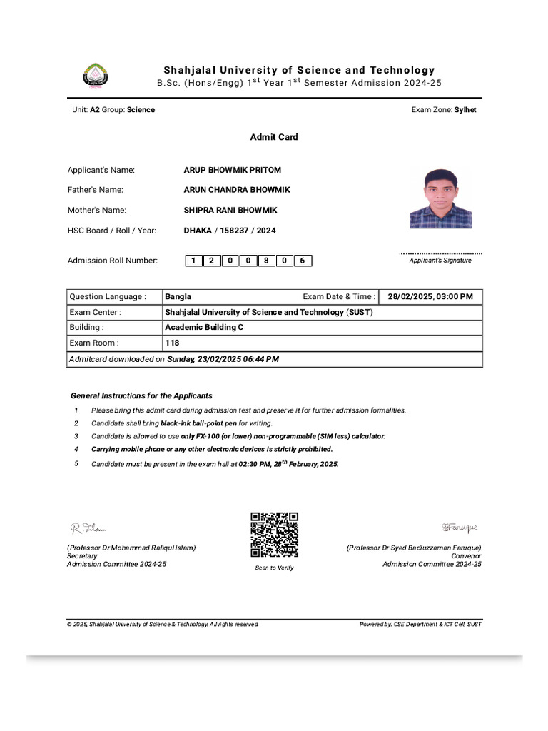 SUST Admit Card 2024-25 - Dha24158237 | PDF
