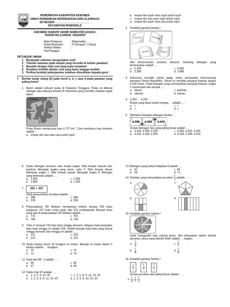 Soal Asas 1 MTK Kelas 4 | PDF