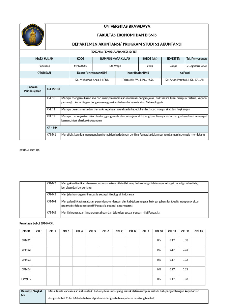 RPL 1.1 - Rps Obe Pancasila | PDF
