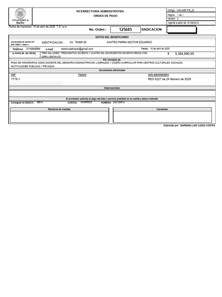 SOPORTES PAGO NESTOR CASTRO 4 SEM IV COH ok | PDF | Pensión | Pedagogía