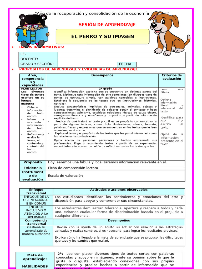 2º U1 s2 Sesion d4 Plan Lector El Perro y Su Imagen | PDF | Aprendizaje ...