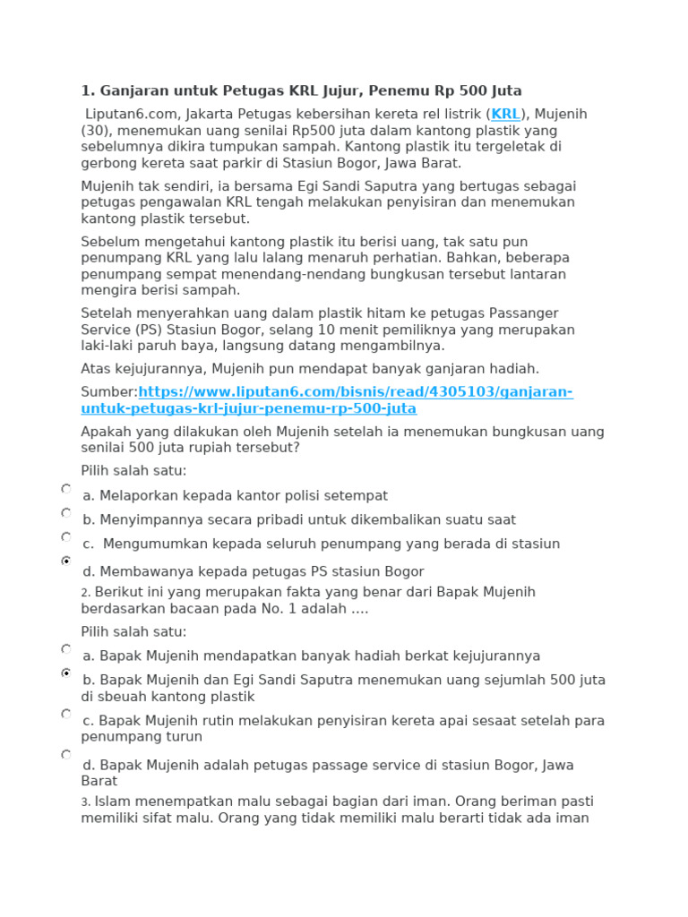 UH PAI Jujur Malu Santun Kelas 8 | PDF