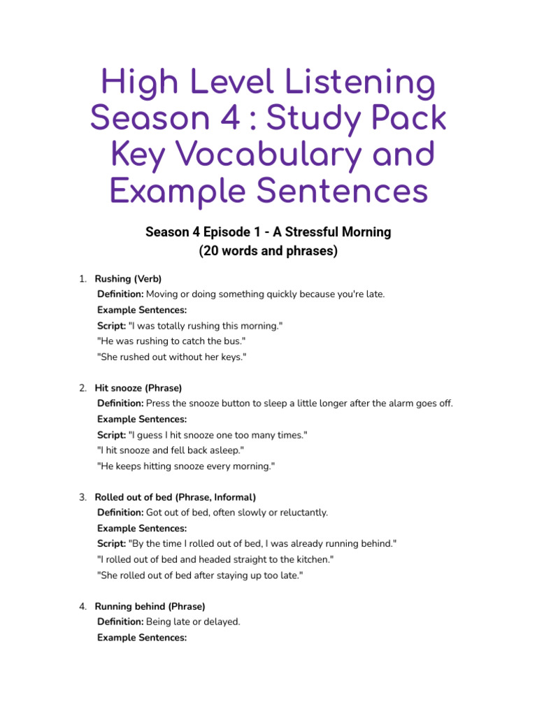 HLL S4 Study Pack Vocabulary Example Sentences - S4 E1 | PDF | Phrase ...
