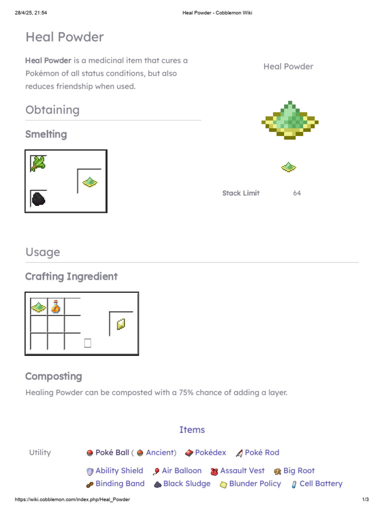 Heal Powder - Cobblemon Wiki | PDF