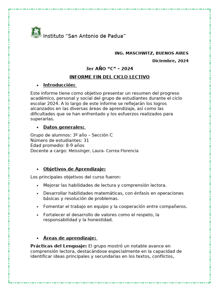 informe final 3ero C 2024 | PDF | Aprendizaje | Comprensión lectora