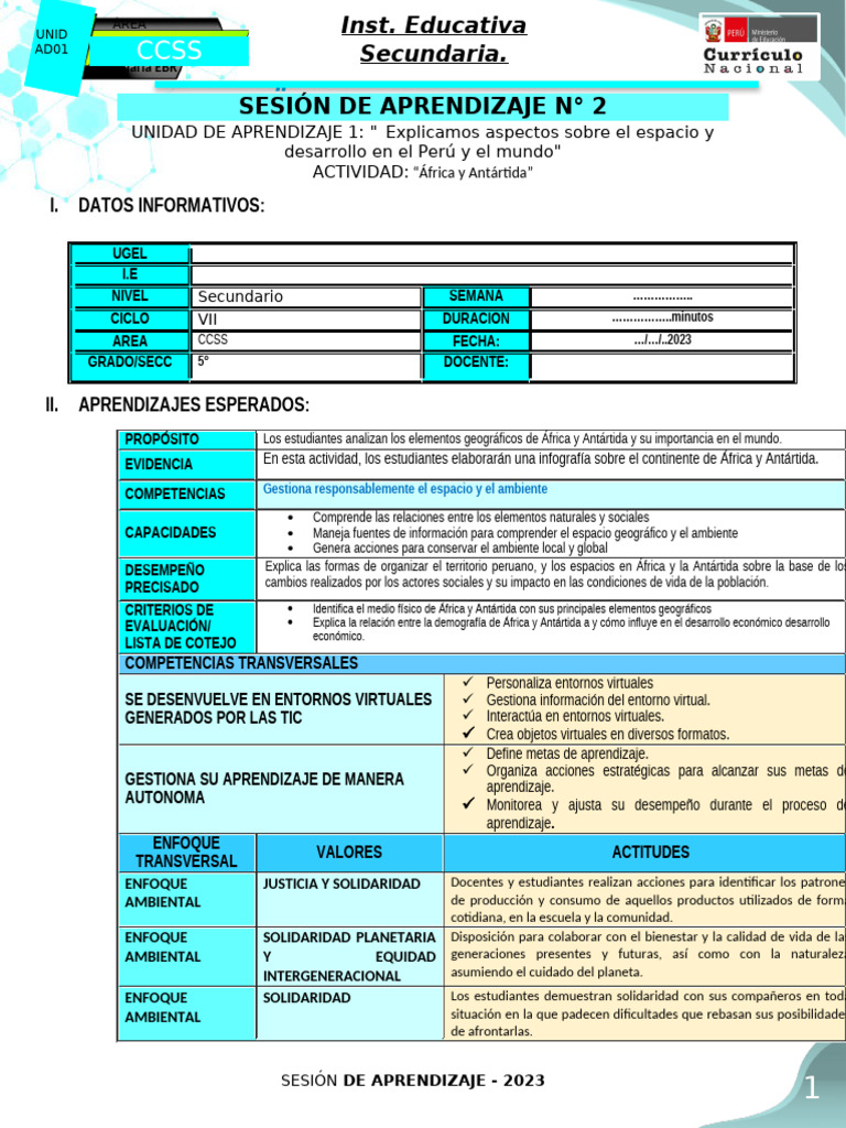 Sesion CCSS 5° Sec-Semana 01 Uni 2 | PDF | Aprendizaje | Antártida