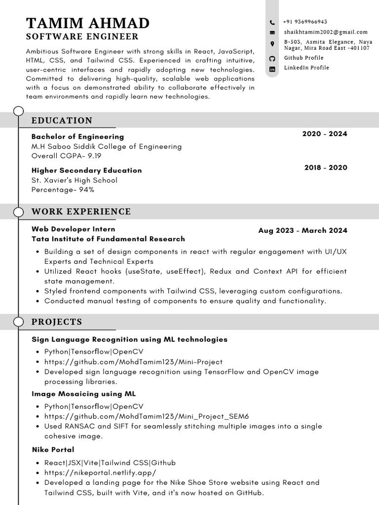 TamimAhmad SoftwareEngineer Resume BE 2024 | PDF | Amazon Web Services | Java Script