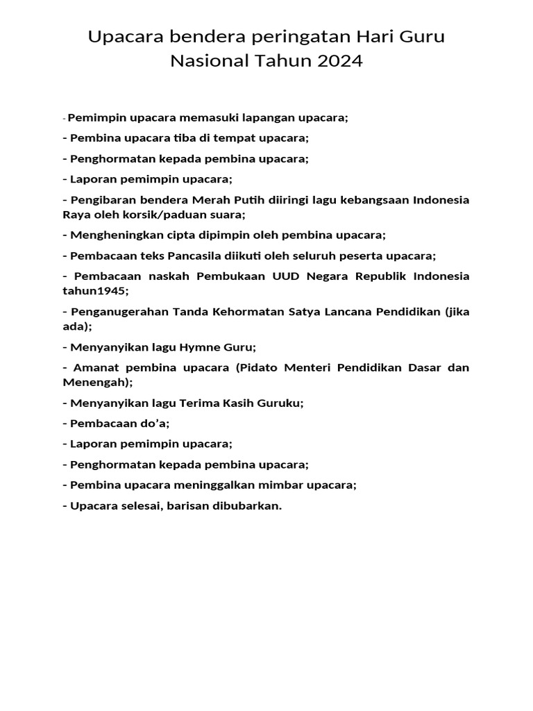 Susunan Upacara Bendera Peringatan Hari Guru Nasional Tahun 2024 | PDF