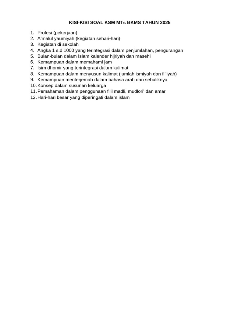 Kisi-Kisi Soal KSM Bahasa Arab 2025 | PDF