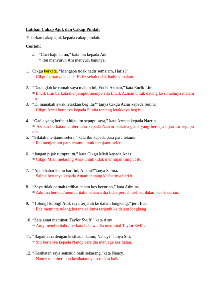 Latihan Cakap Ajuk Dan Cakap Pindah | PDF