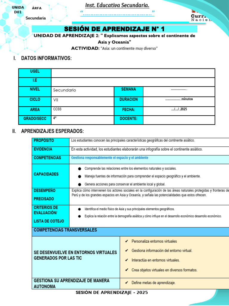SESIÓN 1 (U2) (4° Grado) - CCSS | PDF | Asia | Aprendizaje