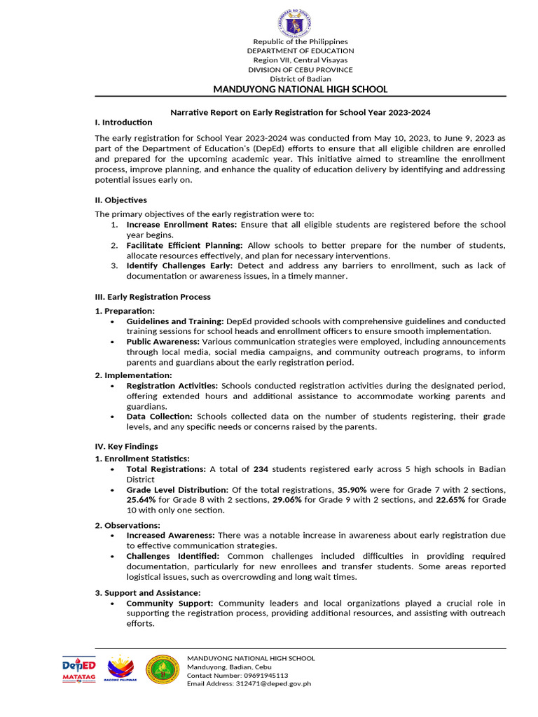 Early Registration Report 2023-2024 | PDF