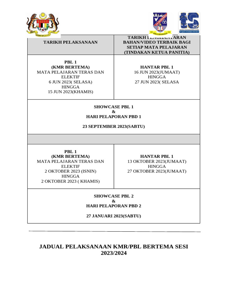 JADUAL PBL SHOWCASE 2023-2024 | PDF