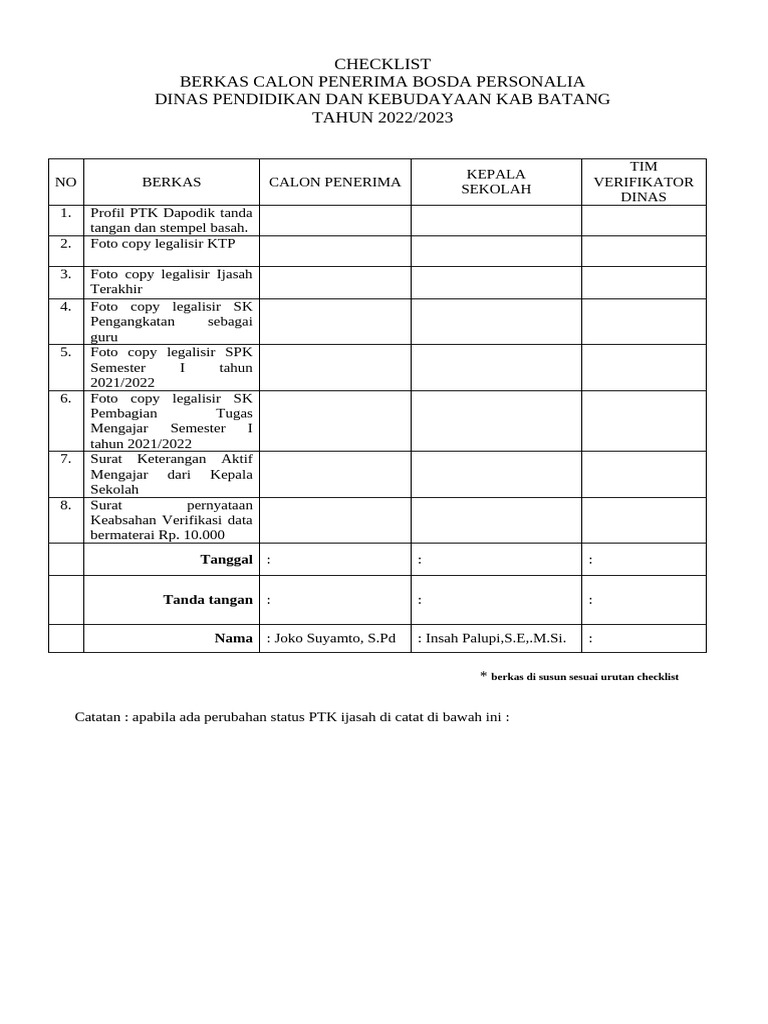 Check List Bosda Personalia | PDF