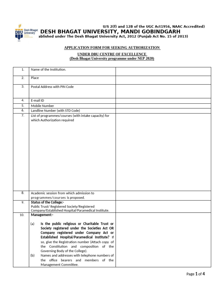 Application Form For Seeking Authorization Under DBUCOE | PDF