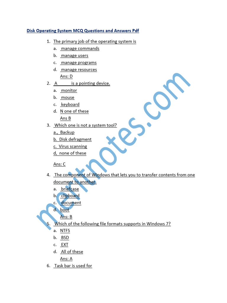 Disk Operating System MCQs and Answers | PDF