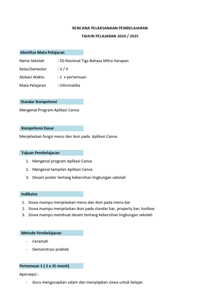 RPP TIK Kelas 5 - Kebersihan Ligkungan Sekolah | PDF