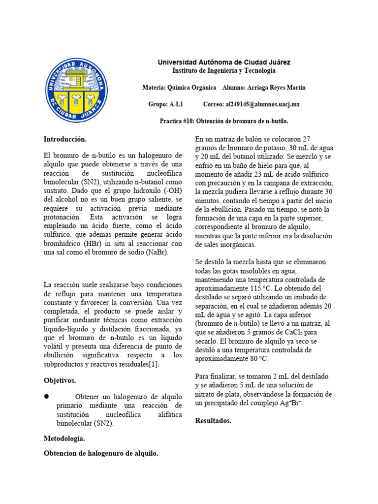 Reporte Practica 10 Obtencion de Bromuro de N-Butilo | PDF | Química | Sustancias químicas