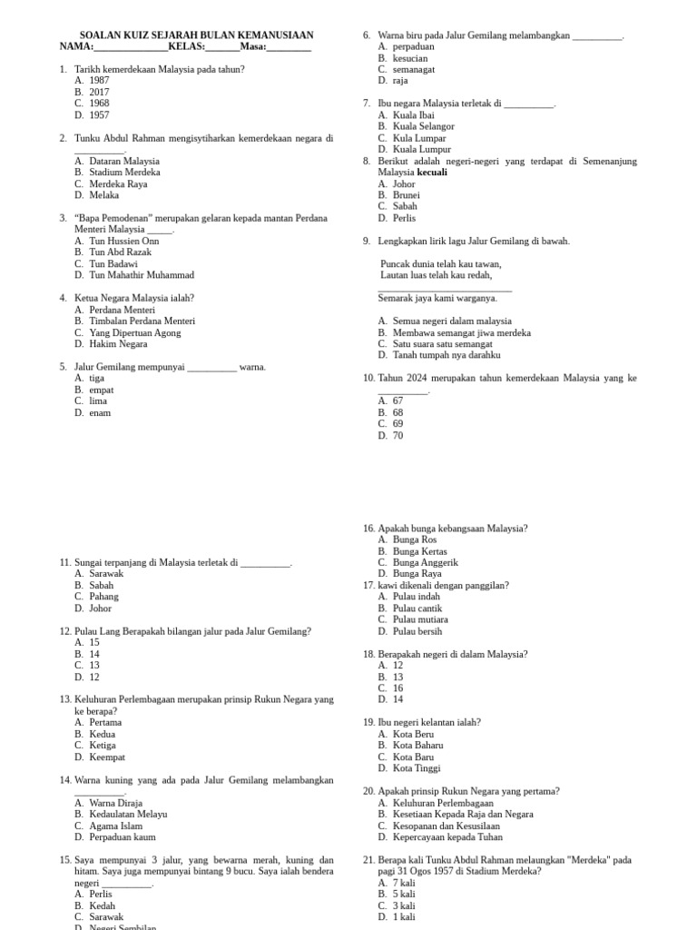 SOALAN Kuiz BULAN KEMANUSIAAN | PDF