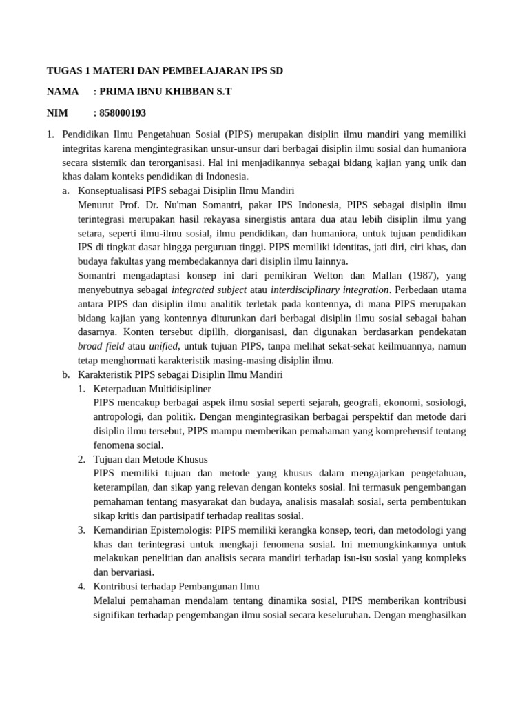 Tugas 1 Materi Dan Pembelajaran Ips SD | PDF