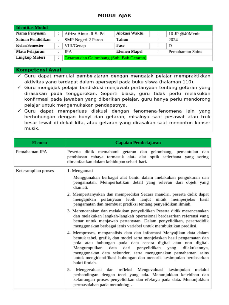 MODUL AJAR BAB 4 GETARAN | PDF
