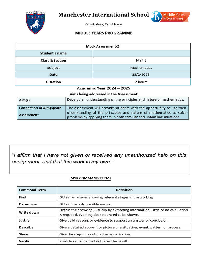 MYP Mathematics Assessment Guide 2024-2025 | PDF | Waste | Mathematics