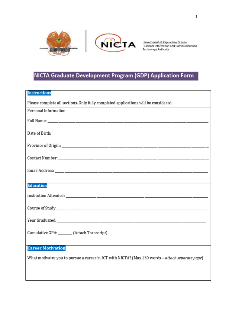 NICTA GDP Application Form 2025 | PDF