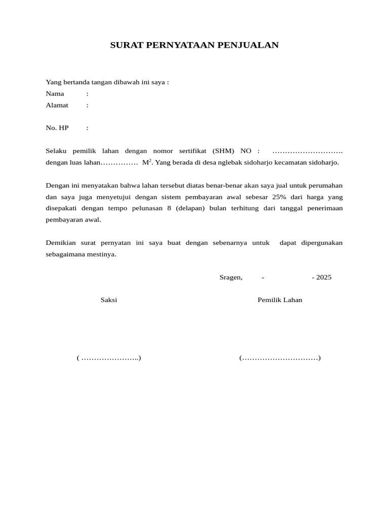 Surat Pernyataan Penjualan Lahan | PDF