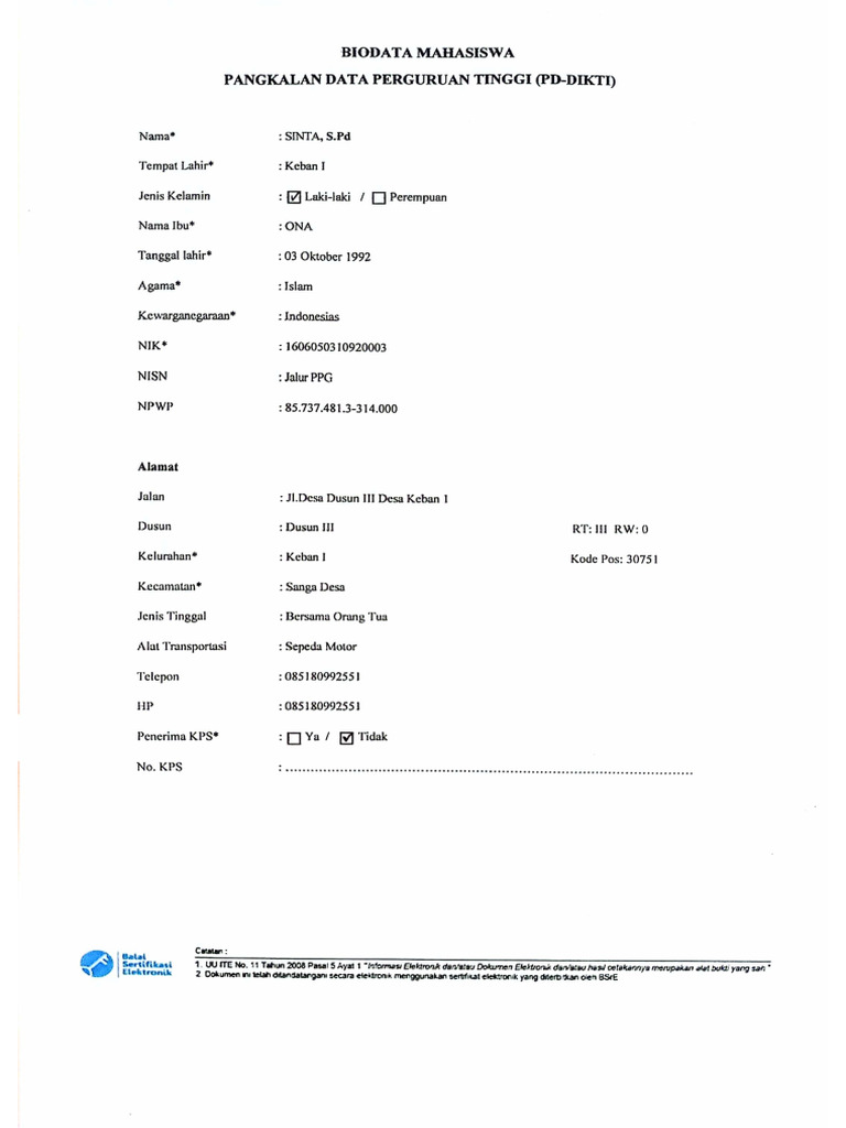 Biodata Mahasiswa Ku PPG | PDF