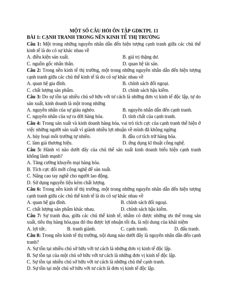 MỘT SỐ CÂU HỎI ÔN TẬP GDKTPL 11 | PDF